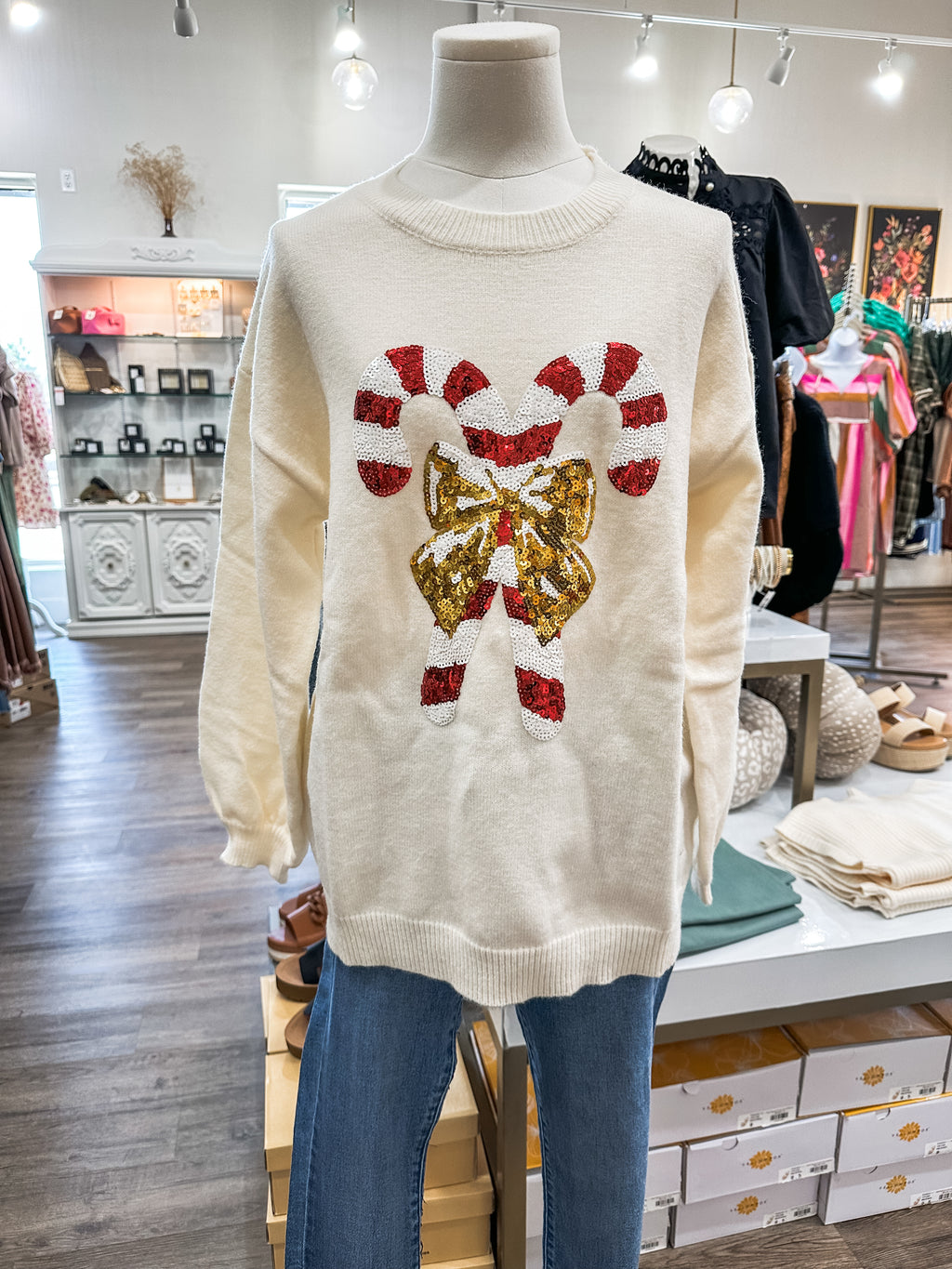 Ivory Candy Cane Sweetness Christmas Sequin Sweater – Everyday EDEN ...